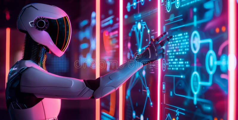 Robot Interacting with Futuristic Interactive Control Panel with ...