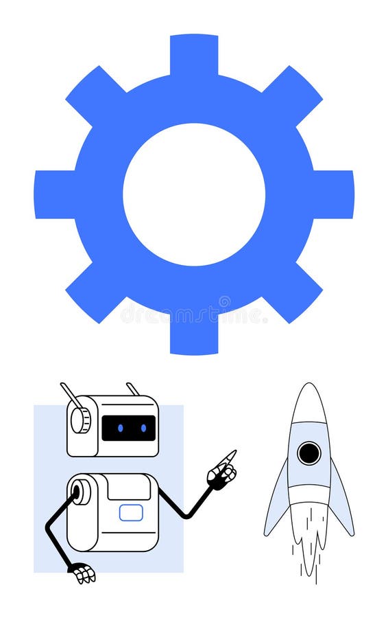 Robot Interacting with Gear and Rocket Symbolizing Technology ...