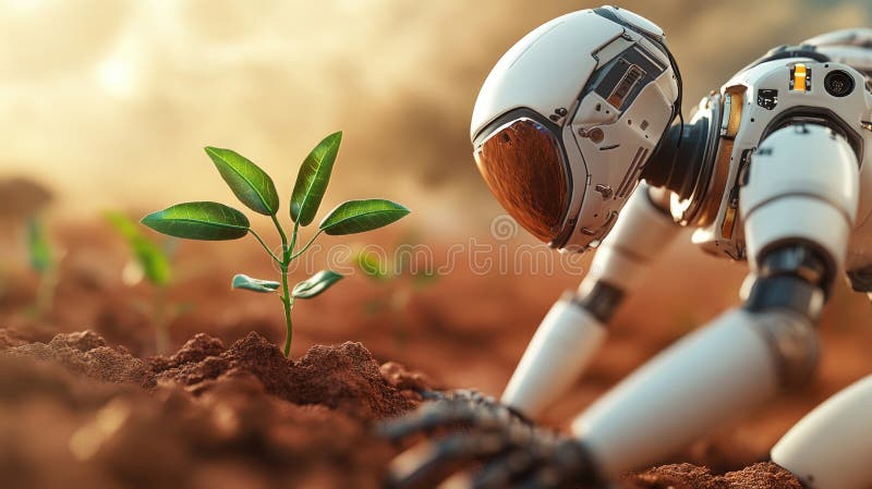 Robot Interacting with Plant in a Desert Environment Stock Photo ...