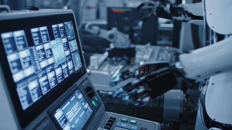 Robot Operating Touchscreen Control Panel in Factory Slow Motion Stock ...