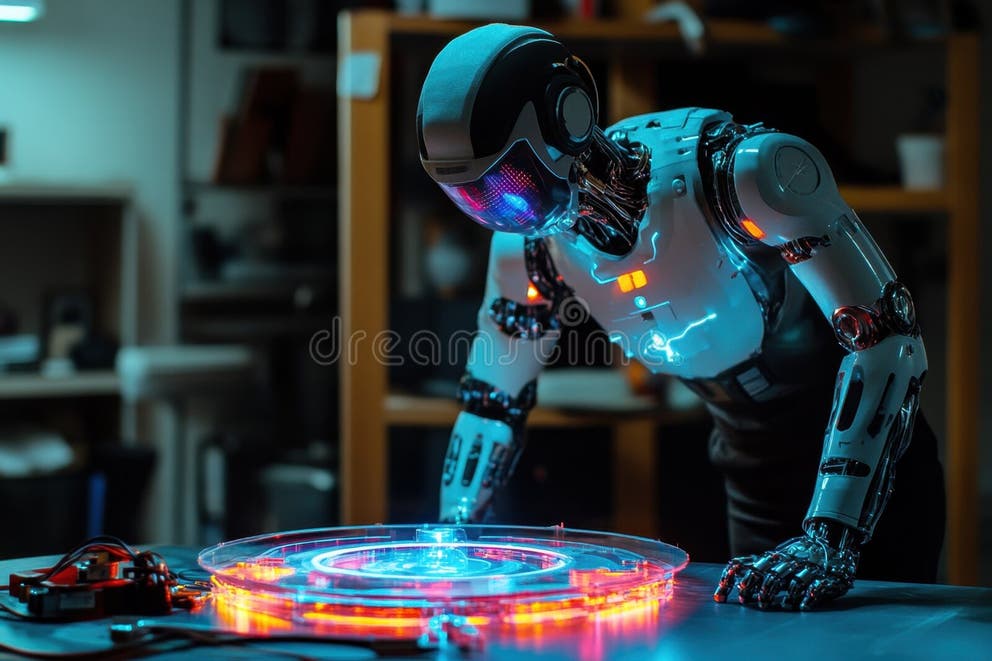 Robot Interacts with Glowing Digital Interface in a High-tech Workshop Stock Image - Image of ...