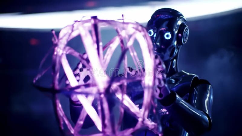 Robot Interacts with Glowing Luminescent Structure in Futuristic ...