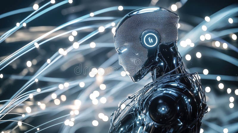 A Robot Interacts with a Glowing Neural Network Display. Generative Ai Stock Illustration ...