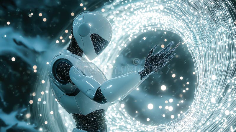 A Robot Interacts with a Glowing Neural Network Display. Generative Ai Stock Illustration ...