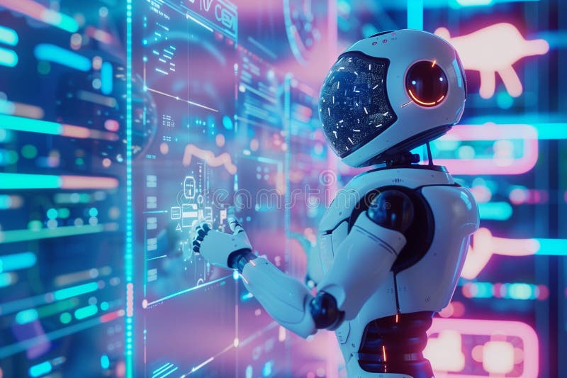 Robot Interacts with Holographic Interface Digital Data Panel Showcasing Advanced Artificial ...