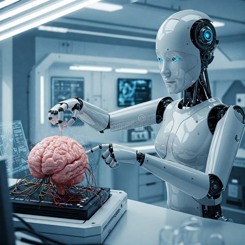A Robot Interacts with a Human Brain in a Laboratory. Stock ...