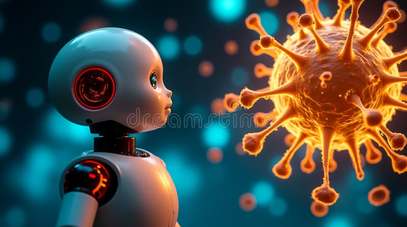 Robot Interacts with Virus Model in a Futuristic Environment during a ...