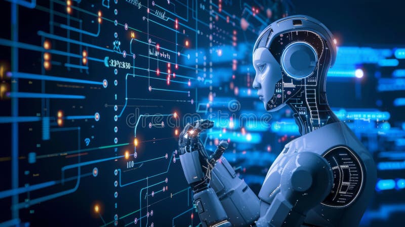 Robot Interfacing with Futuristic Wall Stock Image - Image of robot ...