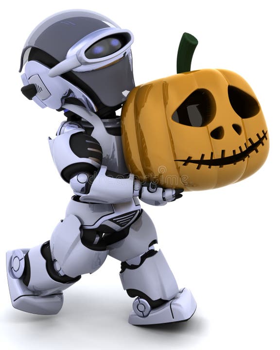 Robot with Jack O Lantern Pumpkin Stock Illustration - Illustration of ...