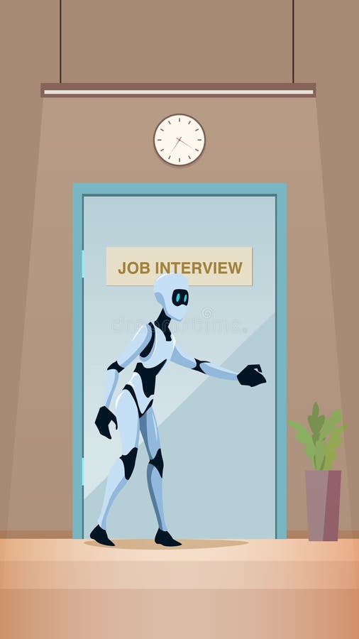 Robot Employee Walk into Door for Job Interview Stock Vector ...