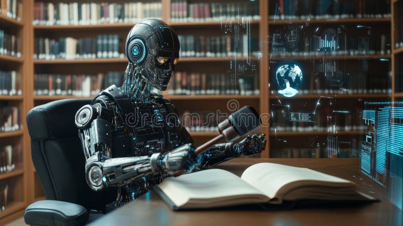 Robot Judge Holding Gavel in Futuristic Library Setting Stock Image ...