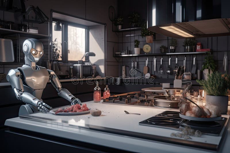 Robot in the Kitchen. 3d Rendering. Robot and Food Stock Illustration ...