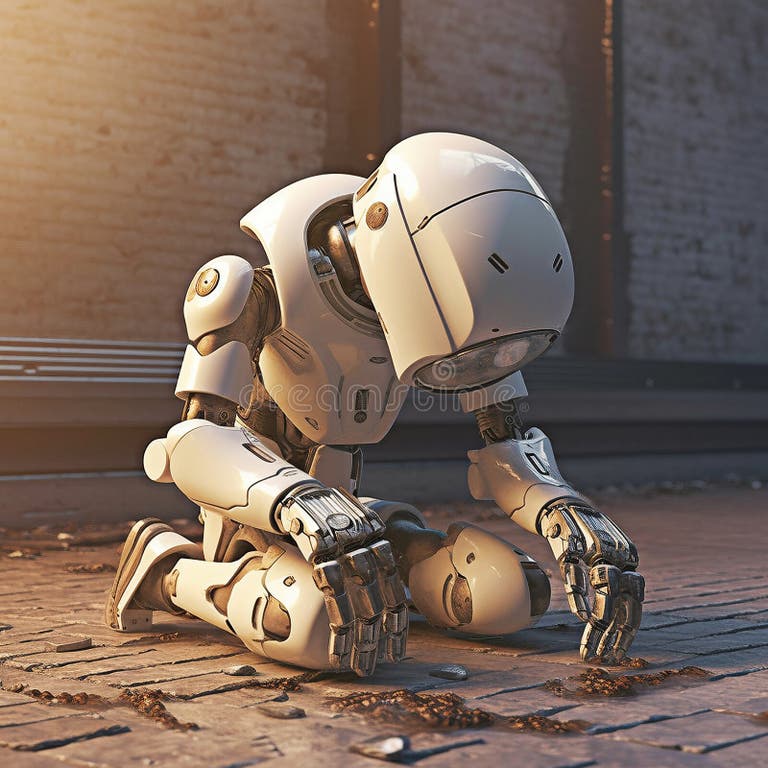 Robot Kneeling and Crying on the Floor, Created with Generative AI ...