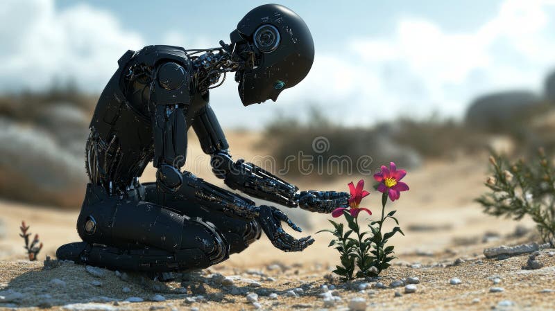 Robot Kneeling by Flower, Symbolizing Hope and Humanity Stock Photo ...