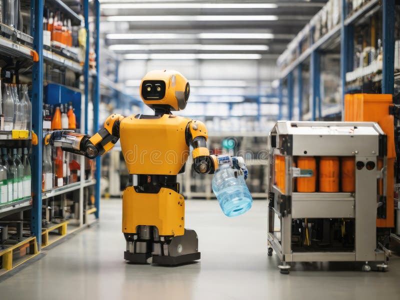 Robot Labels the Drink Bottles in a Warehouse Stock Photo - Image of ...