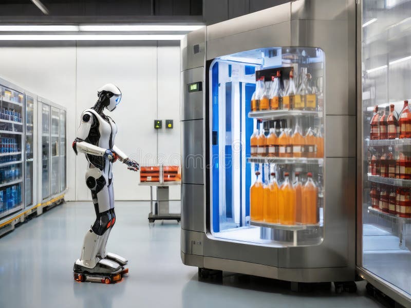 Robot Labels the Drink Bottles in a Warehouse Stock Image - Image of ...