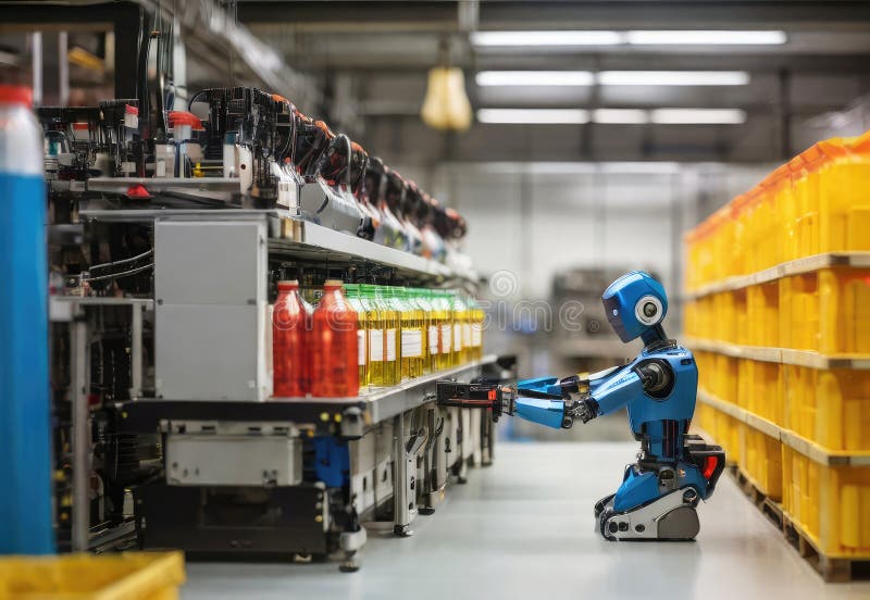 Robot Labels the Drink Bottles in a Warehouse Stock Photo - Image of ...