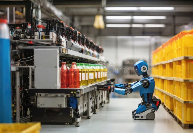 Robot Labels the Drink Bottles in a Warehouse Stock Photo - Image of ...