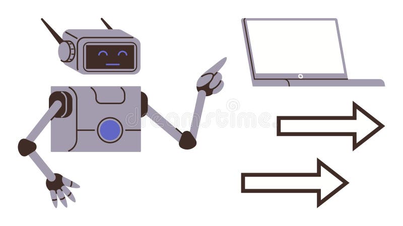Robot with Laptop and Directional Arrows Representing Technology and Automation Stock Vector ...