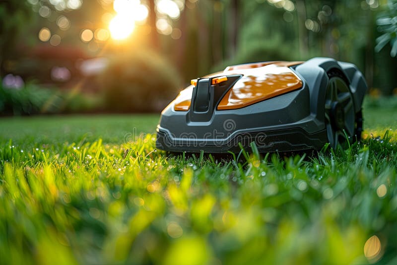 Robot Lawn Mower on the Grass in Front of the House with Copy Space ...