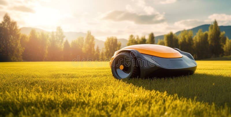 Robot Lawn Mower on Green Grass. Banner with Copy Space Stock ...
