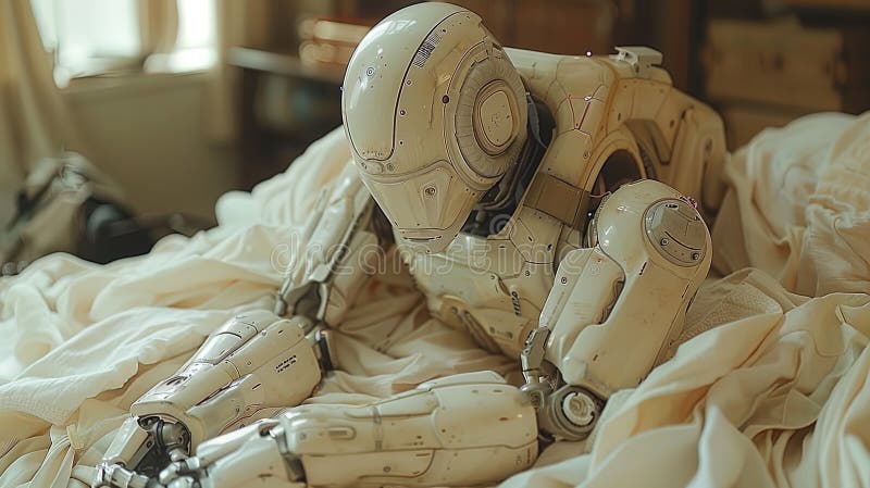 A robot is laying on a bed stock image. Image of automation - 323118777