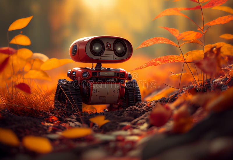 Robot in leafy landscape stock illustration. Illustration of technology ...