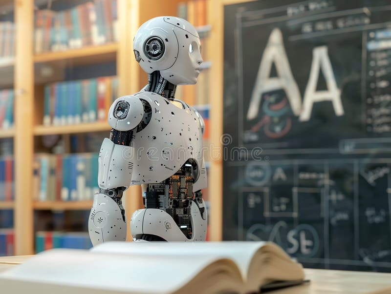 Robot Learning in a Library Stock Illustration - Illustration of robot ...