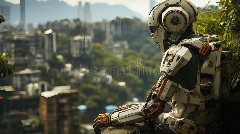 A Robot on a Ledge Overlooking a City. Generative AI. Stock ...