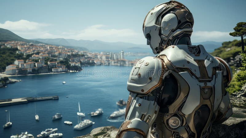 A Robot on a Ledge Overlooking a City. Generative AI. Stock ...