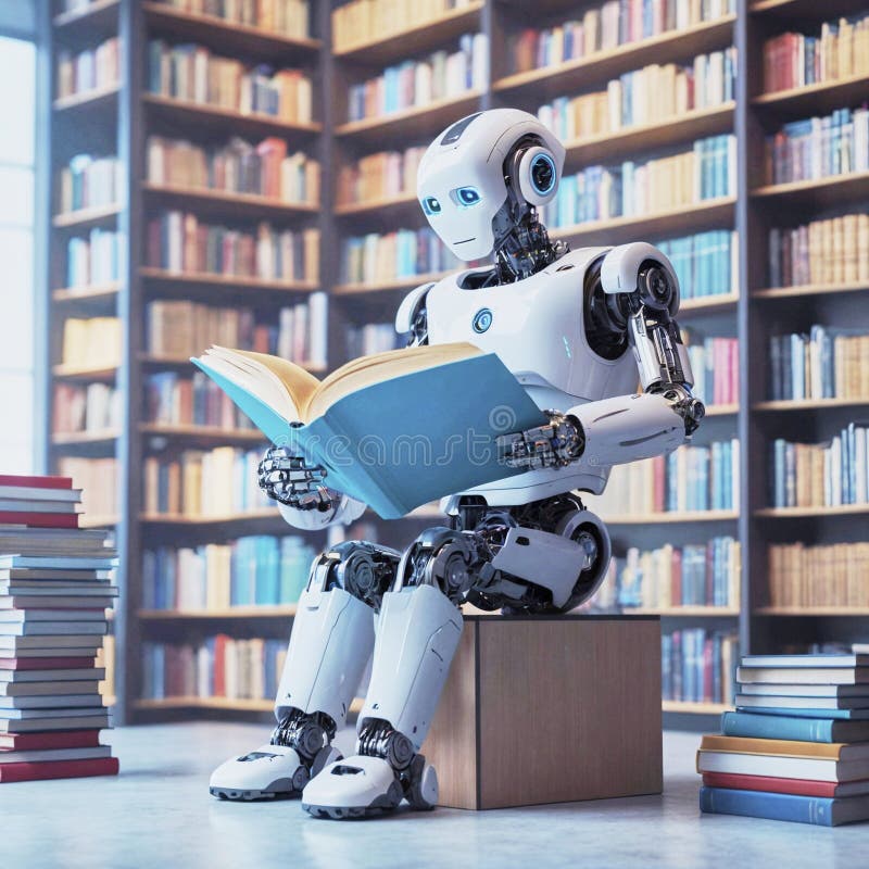 Robot leyendo un libro. stock de ilustración. Ilustración de androide ...