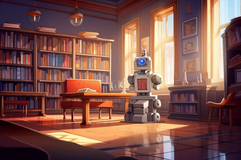 Robot in Library Illustration at Evening AI Generated Stock ...