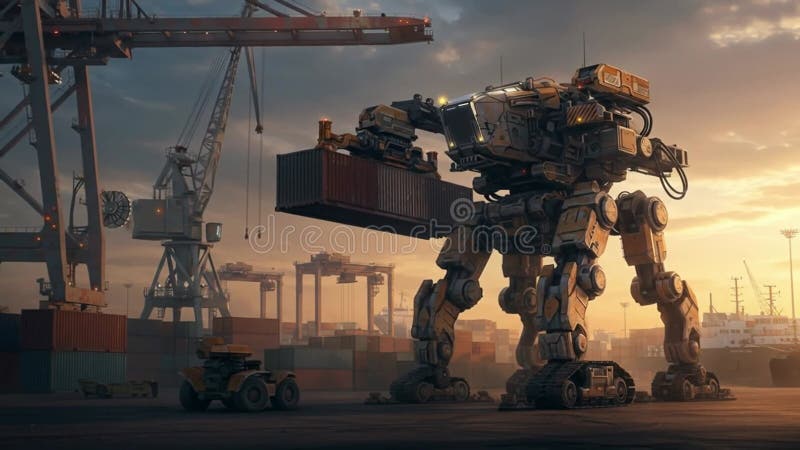 Robot Lifting Container at Harbor Futuristic Cargo Handling Stock ...