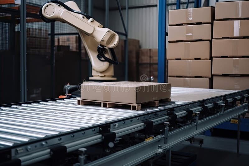 Robot, Lifting Heavy Pallet of Goods and Placing it on Conveyor Belt ...