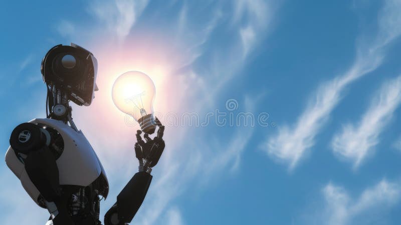 Robot with Light Bulb in Bright Sky Stock Image - Image of synthetic ...