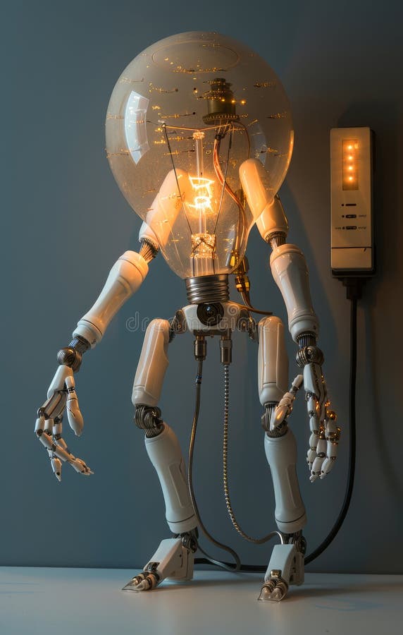 Robot with Light Bulb instead of Head. a Light Bulb with Arms and Legs ...