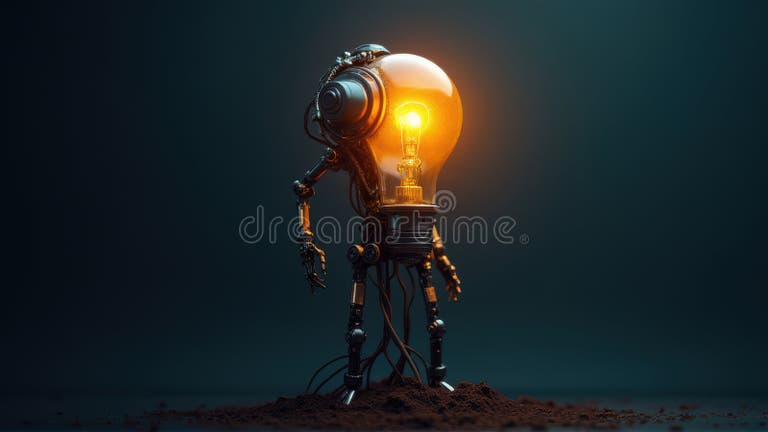 Robot with Light Bulb Head stock illustration. Illustration of solving ...