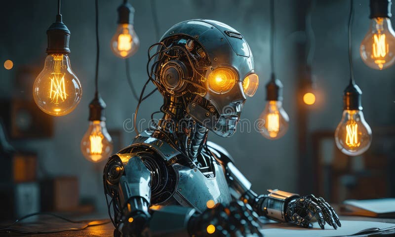 A Robot with a Light Bulb in Its Eye is Sitting in Front of a Table ...