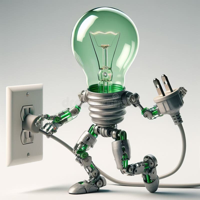 Robot with Light Bulb Plugging into Socket Stock Image - Image of power ...