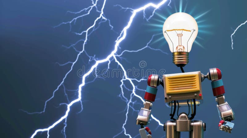 Robot with Light Bulb in Thunderstorm Stock Image - Image of scifi ...