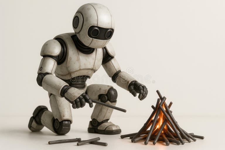 The Robot Lights a Fire with Sticks. Space for Text. Stock Image ...