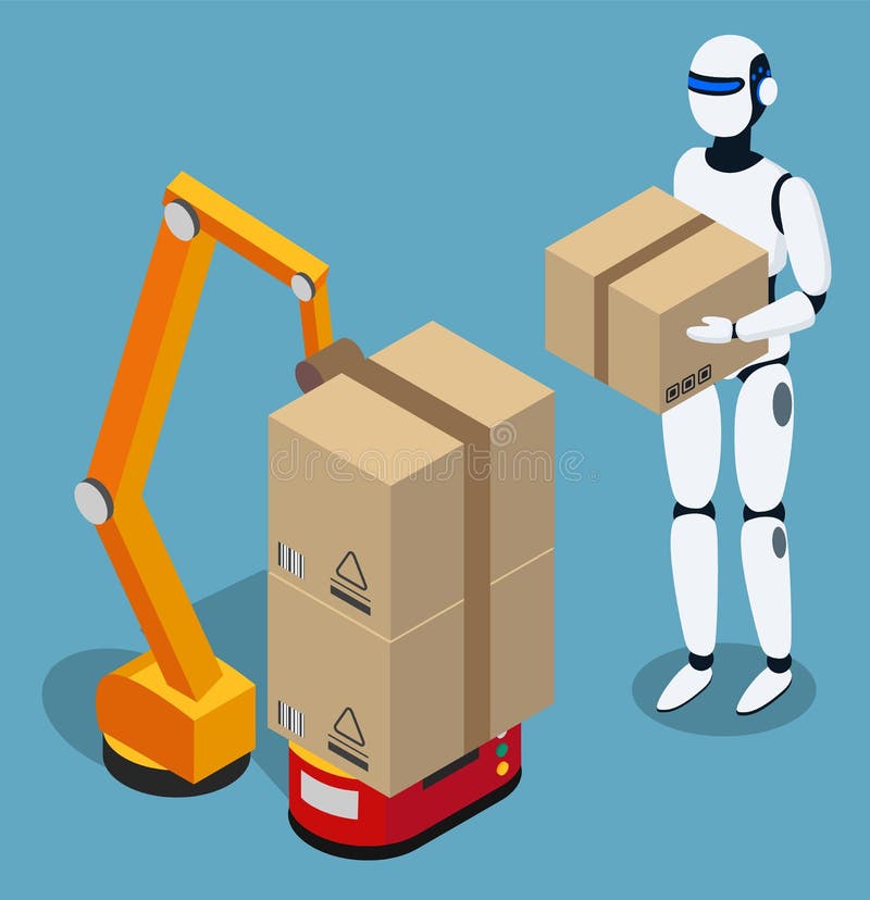 Robot and Loading Machine at Delivery Service Stock Vector ...