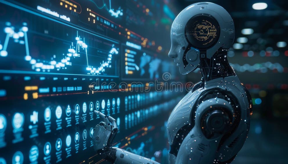 A Robot is Looking at a Computer Screen with a Lot of Numbers and ...