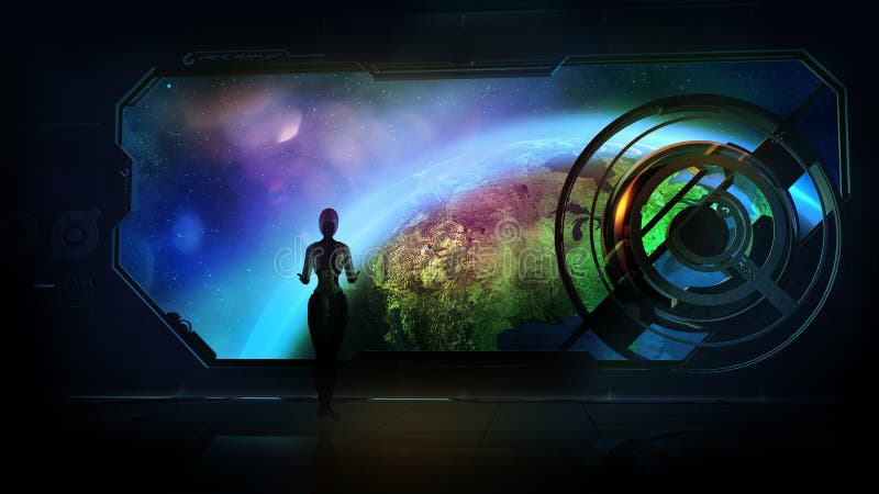 The Robot Looks at the Earth from Orbit, 3D Render. Stock Illustration ...