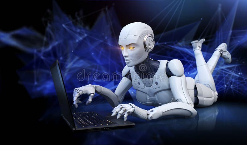 Robot Lying on Floor and Using Laptop Stock Illustration - Illustration ...