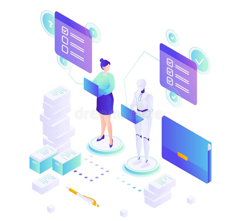 Robot Machine Doing Work Quickly Than Human, Vector Isometric ... Robot Machine Doing Work Quickly Than Human, Vector Isometric ...