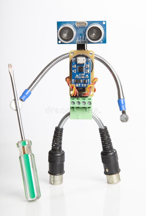 Robot Made of Parts of Circuit Boards with Wrench Near the Debug Stock ...