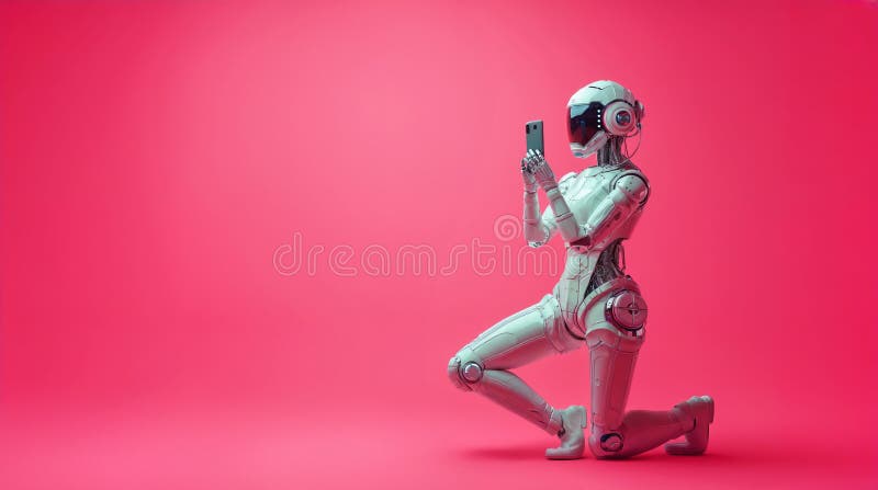 Robot Making Photo with Phone, she is Half Robot Half Human, Isolated ...