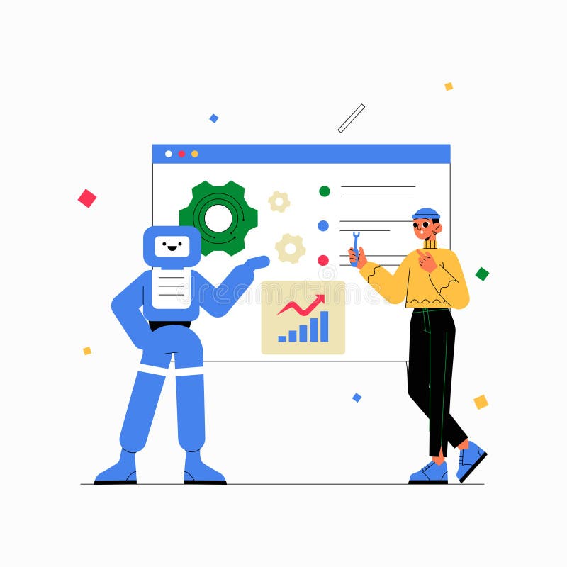 Robot and Man Collaborating on Data Analytics in Flat Vector ...