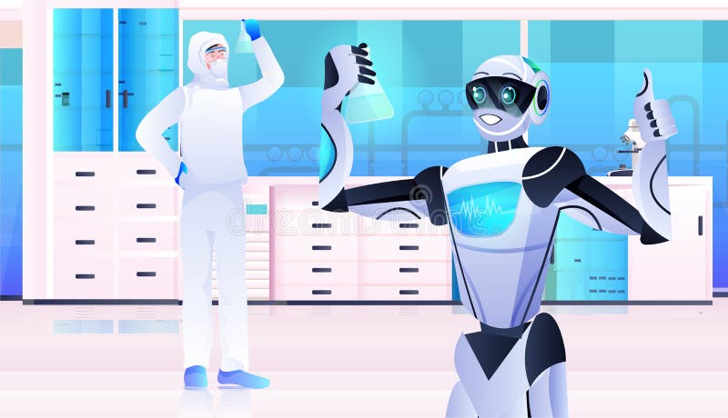 Robot Scientist Holding DNA Spiral Robotic Researcher Making Experiment ...